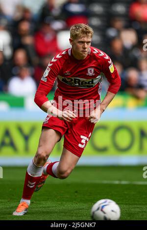 Josh Coburn of Middlesbrough in action with Ki-Jana Hoever of Stoke ...
