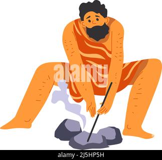 Caveman trying to make bonfire, surviving man Stock Vector Image & Art ...