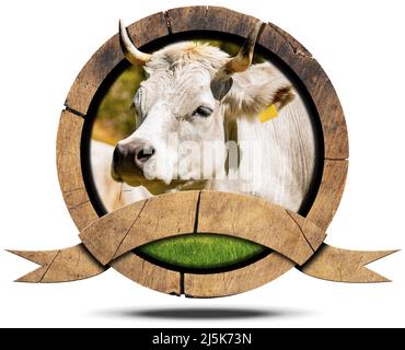 Wooden round icon or symbol with head of cow (heifer) and copy space ...