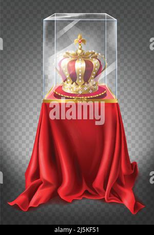 Exhibition crown. Podium covered with red silk textile luxury crown ...
