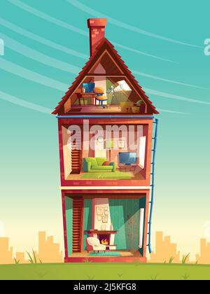 Vector three-story house interior in cross section with basement and ...