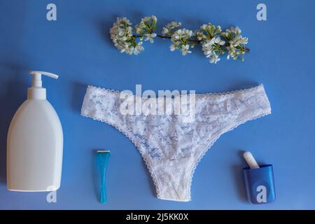 flat lay on the theme of feminine intimate hygiene Stock Photo - Alamy