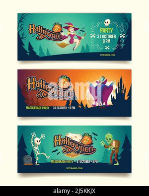 Halloween party banners of monsters and witch, pumpkin lantern and ...