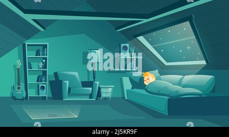 Modern lounge on attic with wooden ceiling beam and windows in roof ...