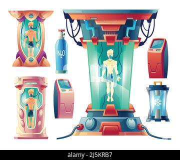 Futuristic cryogen capsule science laboratory isolated set. Cartoon lab ...