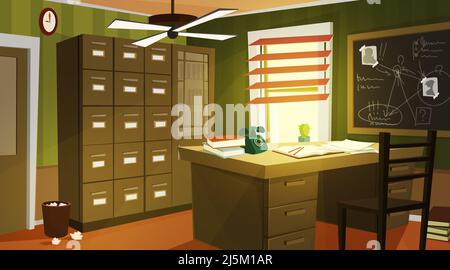 Detective office interior. Investigator cabinet room with clue evidence ...
