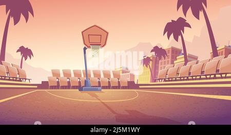 Sunset street basketball court cartoon background. School outdoor ...