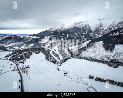 Aerial view of the village of Zdiar and the High Tatras in Slovakia ...