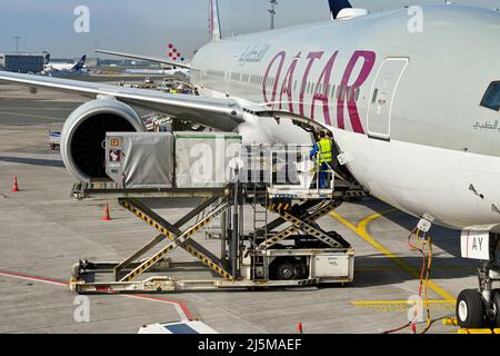 Aircraft container and pallet loader at the airport apron Stock Photo ...