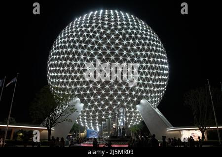 Night view of Spaceship Earth, the geodesic dome at Epcot Center theme ...