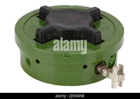 PMN-2 soviet, plastic bodied anti-personnel landmine. Isolated on white ...