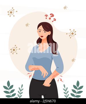 Woman scratching skin. Girl with itching elbow hand or rash on body ...