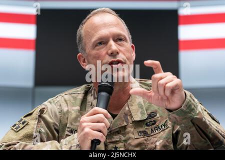 U.S. Army Lt. Gen. John R. Evans, U.S. Army North commanding general, speaks to the audience ...