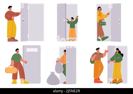Flat set of people leaving home waving and saying goodbye to family ...
