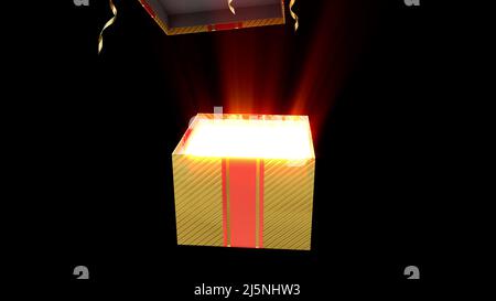 opened decorated goldish and red present box on black, isolated ...