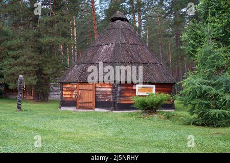 Ail, traditional wooden house of Altai people, River Chulyshman Valley ...