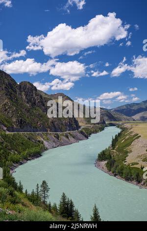 River landscape on a background of the Altay mountains Stock Photo - Alamy