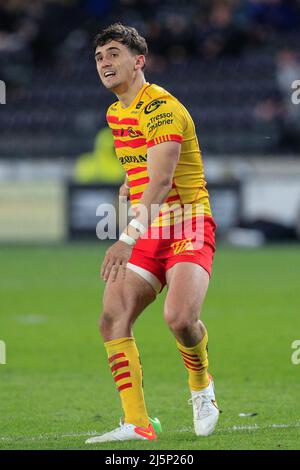 Arthur Mourgue #1 of Catalans Dragons is tackled by Ethan Havard #16 of ...