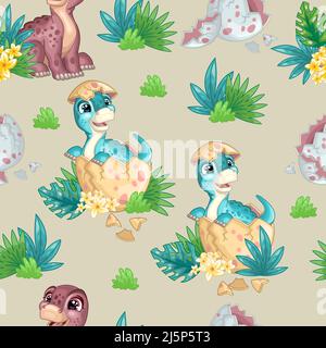 Happy baby dinosaur brontosaurus sitting in egg on nature. Cute cartoon character. Vector ...