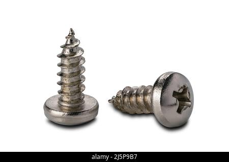Closeup scene of plain screws isolated on white background with ...