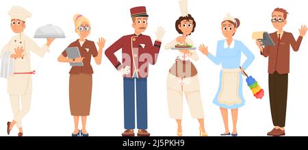 Hospitality workers. Hotel staff characters, receptionist porter maid ...