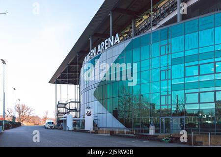 Wolfsburg, Germany - March 2022: Facade of Volkswagen Arena, home ...