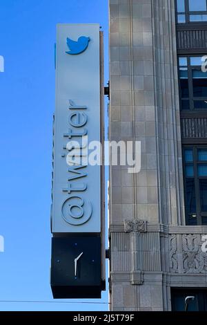 Twitter corporate headquarters San Francisco elevated view with sun on ...