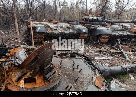 Destroyed Russian tanks and equipment along with destroyed Ukrainian ...