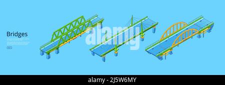 Bridges isometric web banner with city architecture construction of ...