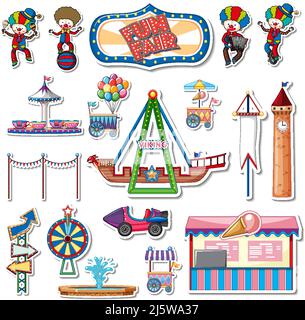 Sticker set of amusement park objects and cartoon characters ...