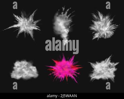Color powder explosions. Splash of paint dust with white round banner ...