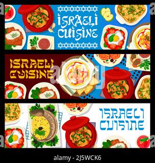 Israeli cuisine banners, Israel food dishes and meals, vector ...
