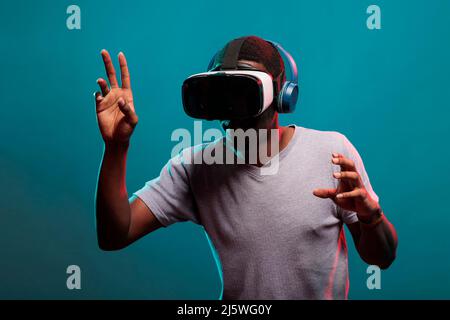 Excited model having fun with interactive virtual reality headset ...