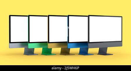Set of desktop computers with blank screen display isolated on yellow ...