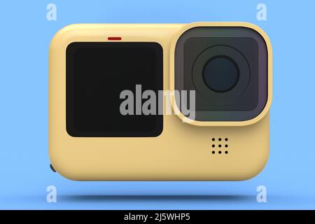 Photo and video lightweight yellow action camera with monopod on blue ...