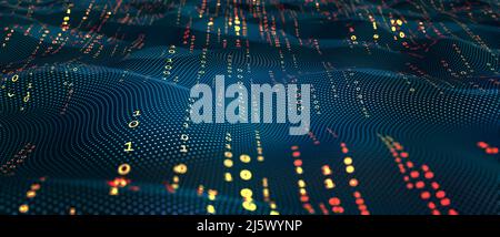 Terabytes of binary code data flying in a stream of information. Wavy ...