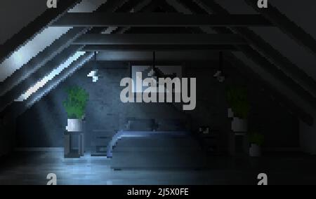 House attic interior at night, empty old mansard illuminated with moon ...