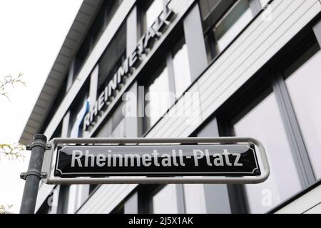 Duesseldorf, Germany. 26th Apr, 2022. The Rheinmetall logo and the sign ...