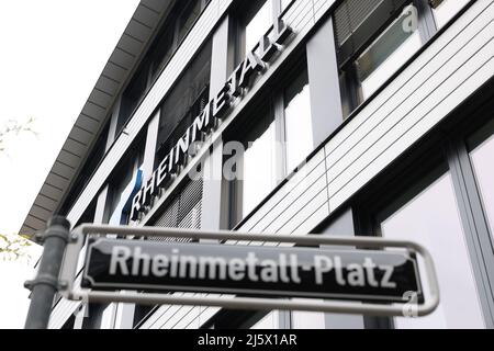 Duesseldorf, Germany. 26th Apr, 2022. The Rheinmetall logo and the sign ...