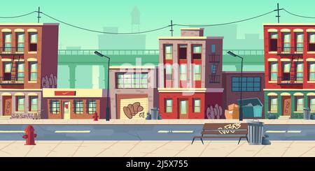 Ghetto street with poor dirty houses. Vector cartoon illustration of ...