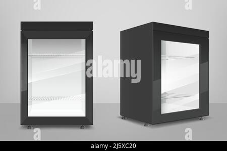 Empty mini refrigerator with transparent glass door. Vector black, gray ...