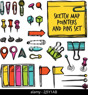 Map pointers hand drawn sketch set, navigation pins doodle vector illstration isolated on white ...