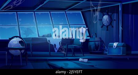 Old messy pirate ship cabin inside. Broken abandoned boat interior with ...