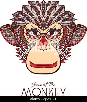 Colored monkey front view face hand drawn sketch vector illustration ...