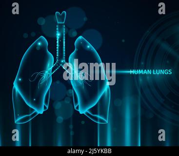 Transparent human lungs in blue color background with light effects and ...