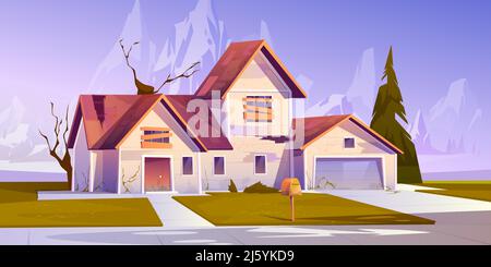 Adandoned old house with broken roof and boarded up windows. Vector ...