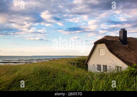 Traditional beach house behind the sand dunes near the Baltic Sea Stock ...
