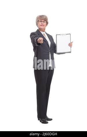 Front view of businesswoman with clipboard and finger point up Stock ...