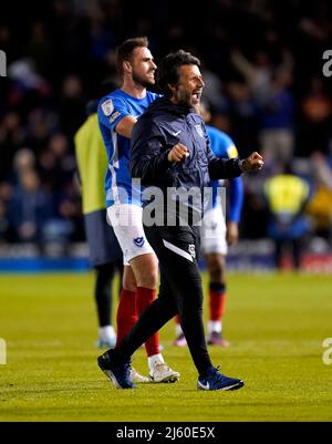 Danny Cowley manager of Portsmouth celebrates at the end of the game ...