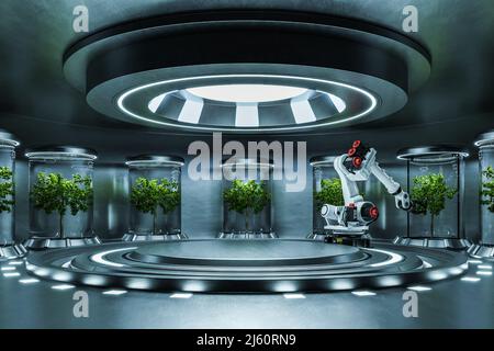 Hydroponics Lab room on spacecraft with white circle podium empty.3D ...